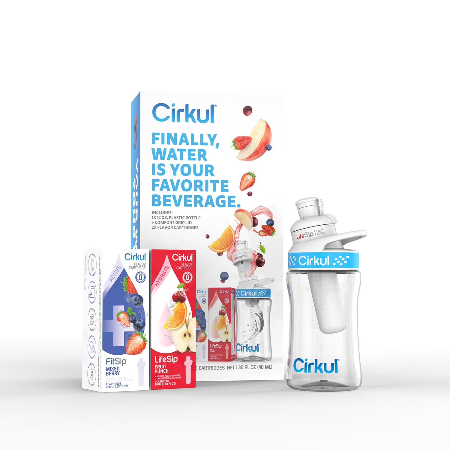 Cirkul 12oz BPA-Free Plastic Water Bottle Starter Kit for Kids with Blue Lid, 2 Flavor Cartridges (1 LifeSip Fruit Punch, 1 FitSip Mixed Berry)