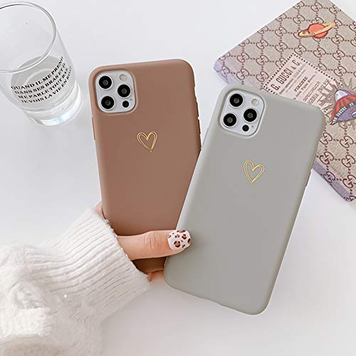 Ownest Compatible for iPhone 12 Case, 12 Pro Case for Soft Liquid Silicone Heart Pattern Slim Protective Shockproof Case for Women Girls for iPhone 12/12 Pro-Brown