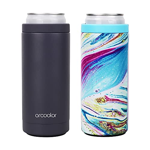 Arcoolor Skinny Can Cooler for Slim Beer& Hard Seltzer, Stainless Steel 12oz Koozy Sleeve, Double Wall Vacuum Insulated Drink Holder (Grey&Colourful-2, 2 PACK)