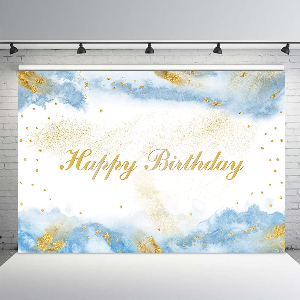MEHOFOND 7x5ft Happy Birthday Backdrop Boys 1st Birthday Party Decorations Light Blue Watercolor Clouds Photography Background Gold Glitter Pastel Rainbow Bday Banner Cake Smash Table Supplies