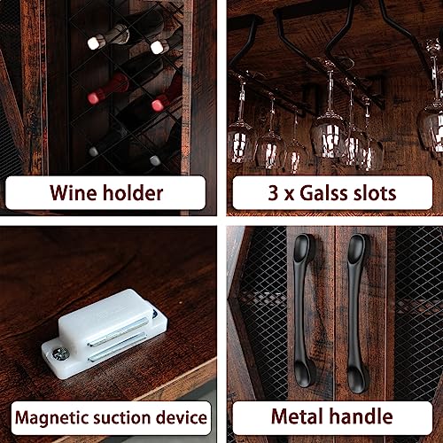FROMJBEST Wine Bar Cabinet, Industrial Coffee Bar Cabinet with 2 Door and Shelf, Glass Holder, Accent Storage Cabinet, Buffet Sideboard for Dining Room, Kitchen