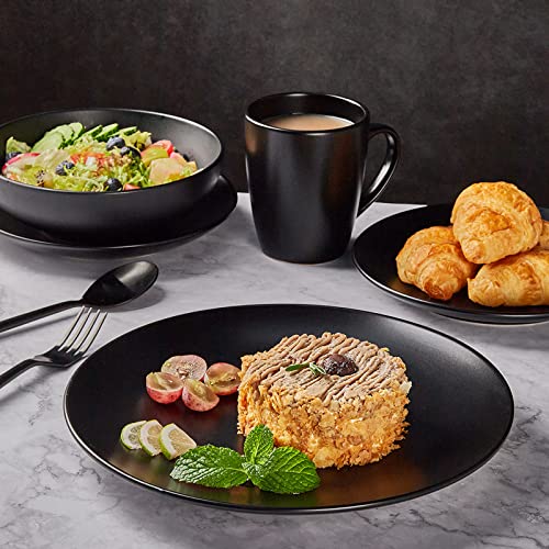 CREATIVELAND Round Stoneware Dinnerware Set Durable Kitchen and Dining,16 Piece Service For 4,Pasta Bowls,Large Salad Bowls,Porcelain Bowl,Wide and Shallow,Microwave and Dishwasher Safe, Matte Black.