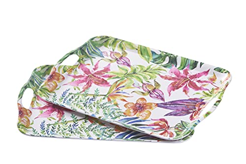 Blue Boat 16.5" x 11.5" Rectangular Melamine Serving Tray Set of 2 Floral, Light Weight Easy to Clean Sturdy Stackable Serving Tray with Handle, Fruit, Snacks, and Desserts Trays, TV Trays