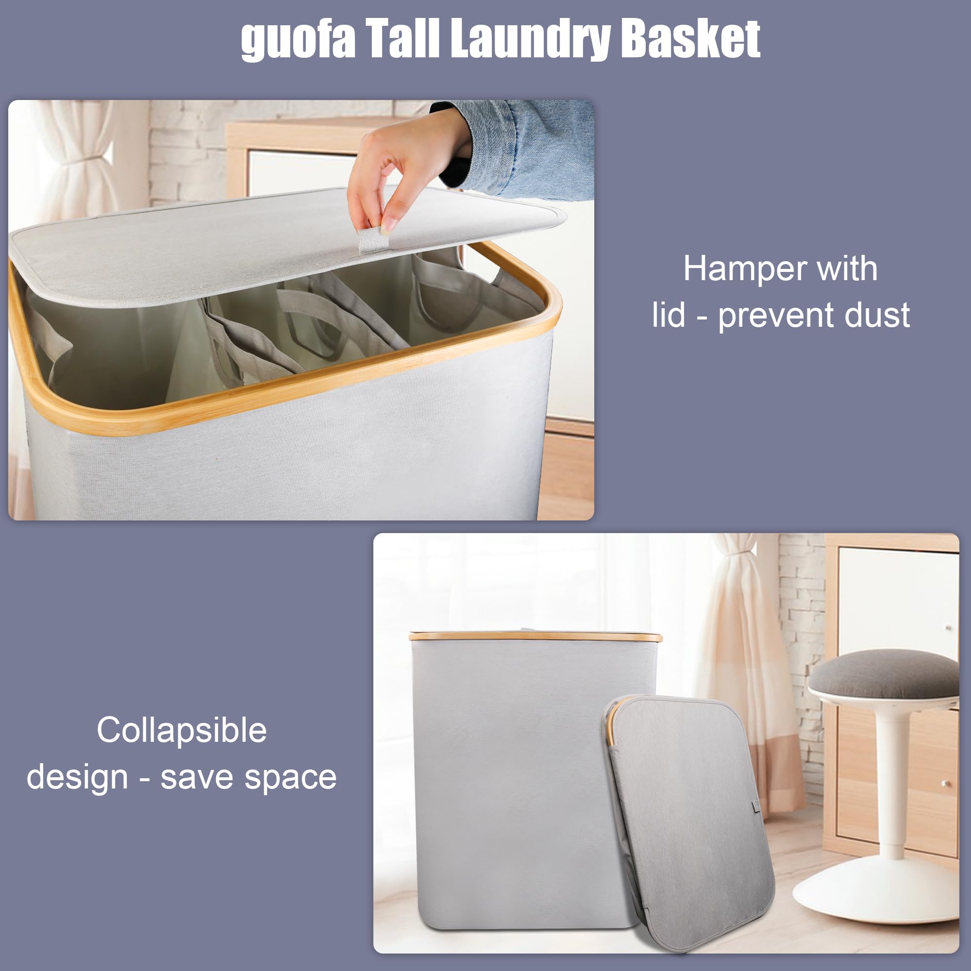 Guofa Hampers for Laundry, 158L Large Laundry Hamper 3 Section Foldable Dirty Clothes Hampers, Laundry Basket Organizer for Bedroom, Laundry Room, Toys Storage, Beige