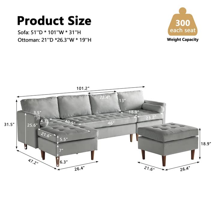 wirrytor Modular Sectional Sofa, Velvet U Shaped Couch, Modular Sectional with Reversible Ottomans for Living Room, Grey