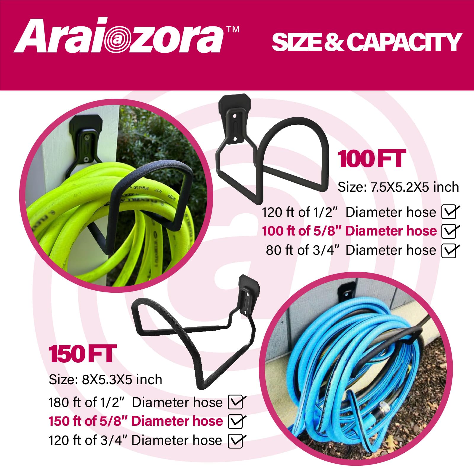 Araiozora Hose Holder Wall Mount,Heavy Duty Hanger Garden Water Hose Reels for Outside,Storage For 5/8" Garden Hose 100 FT 1 PC