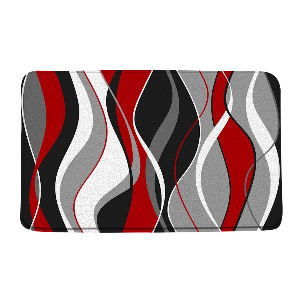 Red Black Gray White Bath Mat Modern Geometric Striped Line Abstract Geo Wave Simple Contemporary Bathroom Kitchen Memory Foam Rug 18"x30"