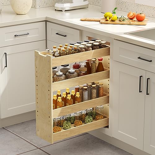 LOVMOR Adjustable Pull Out Cabinet Organizer 4½” W x 24½”H 4-Tier Narrow Cabinet Drawers Slide Out with Soft Close Wood Spice Rack for Narrow Cabinet