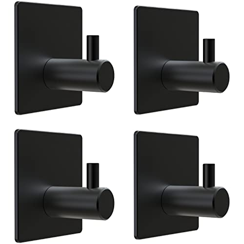 SAYONEYES Adhesive Towel Hooks for Hanging – Matte Black SUS304 Stainless Steel Waterproof Wall Hooks with Strong Adhesive Tapes – 3M Hooks for Bathroom, Bedroom, Kitchen – 4 Pack