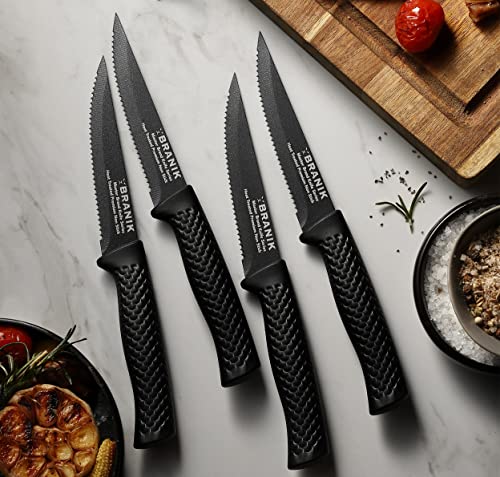 BRANIK Black Steak Knives set of 4, Special Non-Stick Coating on each of these Steak knives making them dishwasher safe. This Black Steak Knife Set is razor-sharp, lightweight, and user-friendly.