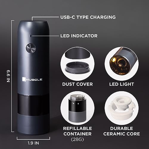 Electric Pepper Grinder Mill - Automatic Quick USB Rechargeable Pepper Grinder with Adjustable Coarseness, One Handed Operated Salt and Pepper Grinder for Kitchen,Restaurant, and BBQ Black