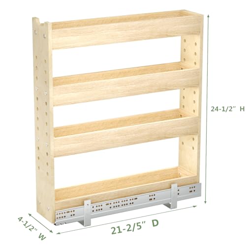LOVMOR Adjustable Pull Out Cabinet Organizer 4½” W x 24½”H 4-Tier Narrow Cabinet Drawers Slide Out with Soft Close Wood Spice Rack for Narrow Cabinet