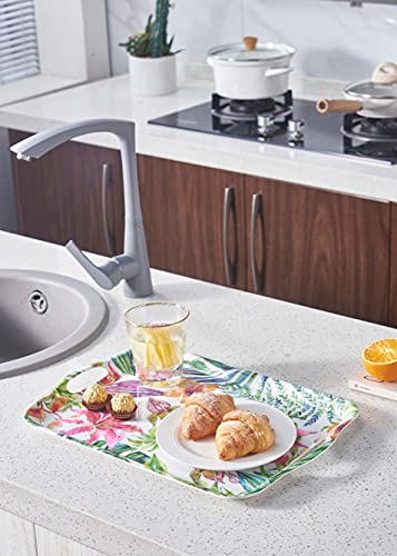 Blue Boat 16.5" x 11.5" Rectangular Melamine Serving Tray Set of 2 Floral, Light Weight Easy to Clean Sturdy Stackable Serving Tray with Handle, Fruit, Snacks, and Desserts Trays, TV Trays