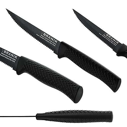 BRANIK Black Steak Knives set of 4, Special Non-Stick Coating on each of these Steak knives making them dishwasher safe. This Black Steak Knife Set is razor-sharp, lightweight, and user-friendly.