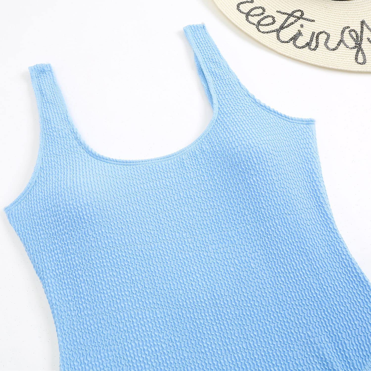 Limeeke Women One Piece Swimsuit Solid Ribbed Monokini Swimwear Scoop Neck Low Back Bathing Suit Sky Blue XS