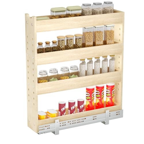 LOVMOR Adjustable Pull Out Cabinet Organizer 4½â W x 24½âH 4-Tier Narrow Cabinet Drawers Slide Out with Soft Close Wood Spice Rack for Narrow Cabinet