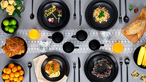 CREATIVELAND Round Stoneware Dinnerware Set Durable Kitchen and Dining,16 Piece Service For 4,Pasta Bowls,Large Salad Bowls,Porcelain Bowl,Wide and Shallow,Microwave and Dishwasher Safe, Matte Black.