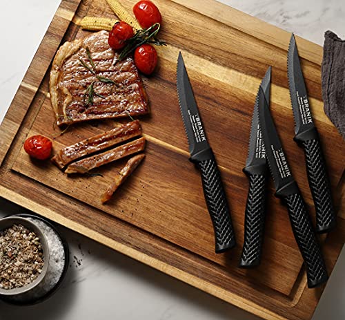 BRANIK Black Steak Knives set of 4, Special Non-Stick Coating on each of these Steak knives making them dishwasher safe. This Black Steak Knife Set is razor-sharp, lightweight, and user-friendly.