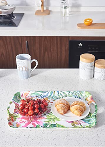 Blue Boat 16.5" x 11.5" Rectangular Melamine Serving Tray Set of 2 Floral, Light Weight Easy to Clean Sturdy Stackable Serving Tray with Handle, Fruit, Snacks, and Desserts Trays, TV Trays