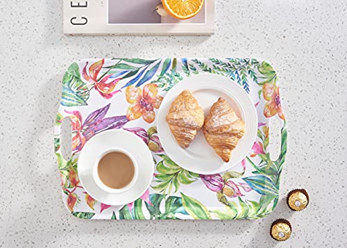 Blue Boat 16.5" x 11.5" Rectangular Melamine Serving Tray Set of 2 Floral, Light Weight Easy to Clean Sturdy Stackable Serving Tray with Handle, Fruit, Snacks, and Desserts Trays, TV Trays