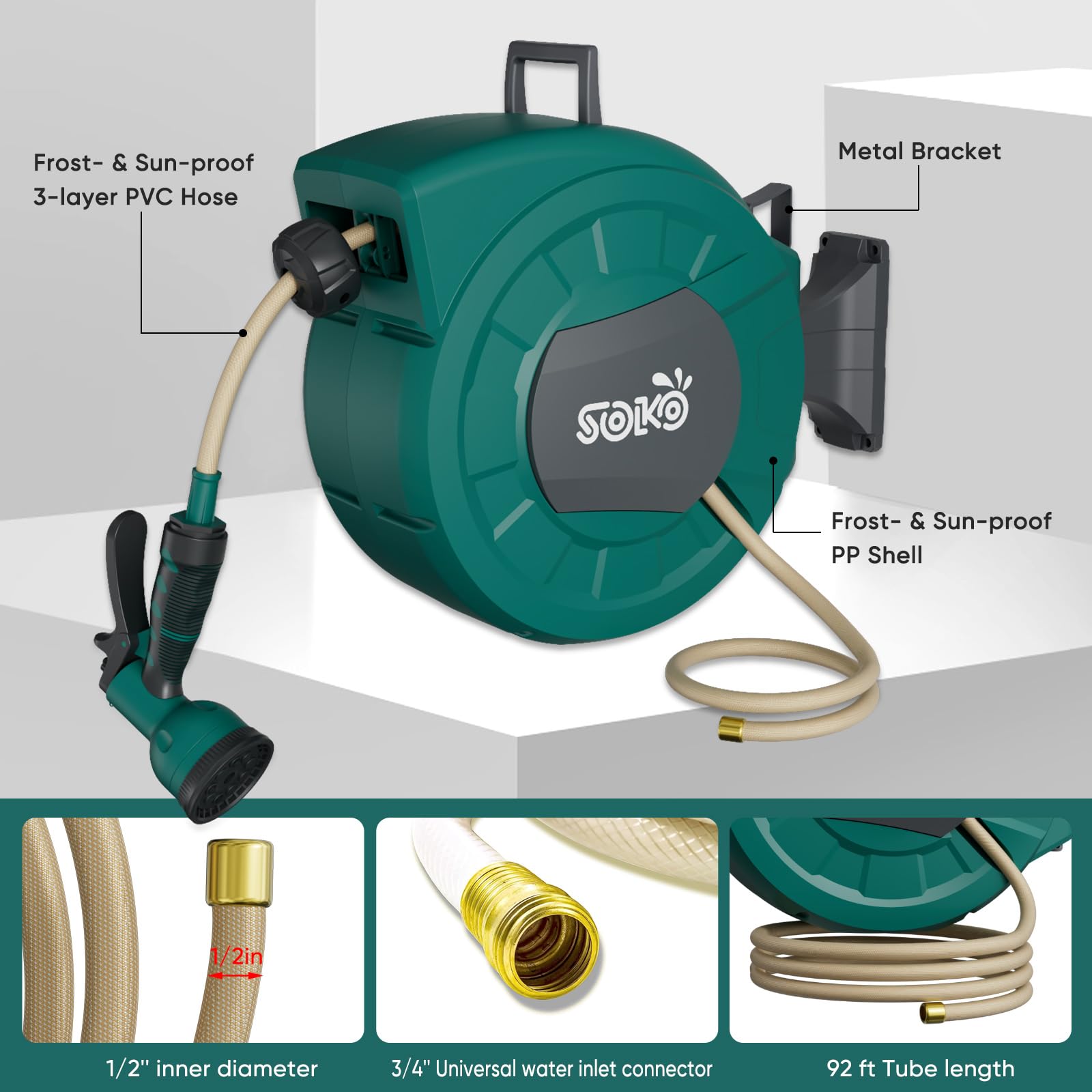 Retractable Garden Hose Reel -1/2 in x 100 ft Wall Mounted Water Hose Reel Outdoor Organizer for Garden Watering, Include Sprayer & 9 Pattern Nozzle, Auto Rewind/Any Length Lock/ 180°Swivel Bracket