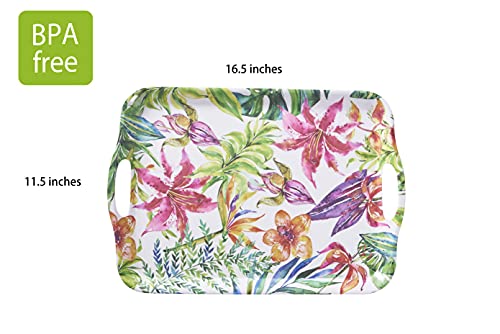 Blue Boat 16.5" x 11.5" Rectangular Melamine Serving Tray Set of 2 Floral, Light Weight Easy to Clean Sturdy Stackable Serving Tray with Handle, Fruit, Snacks, and Desserts Trays, TV Trays