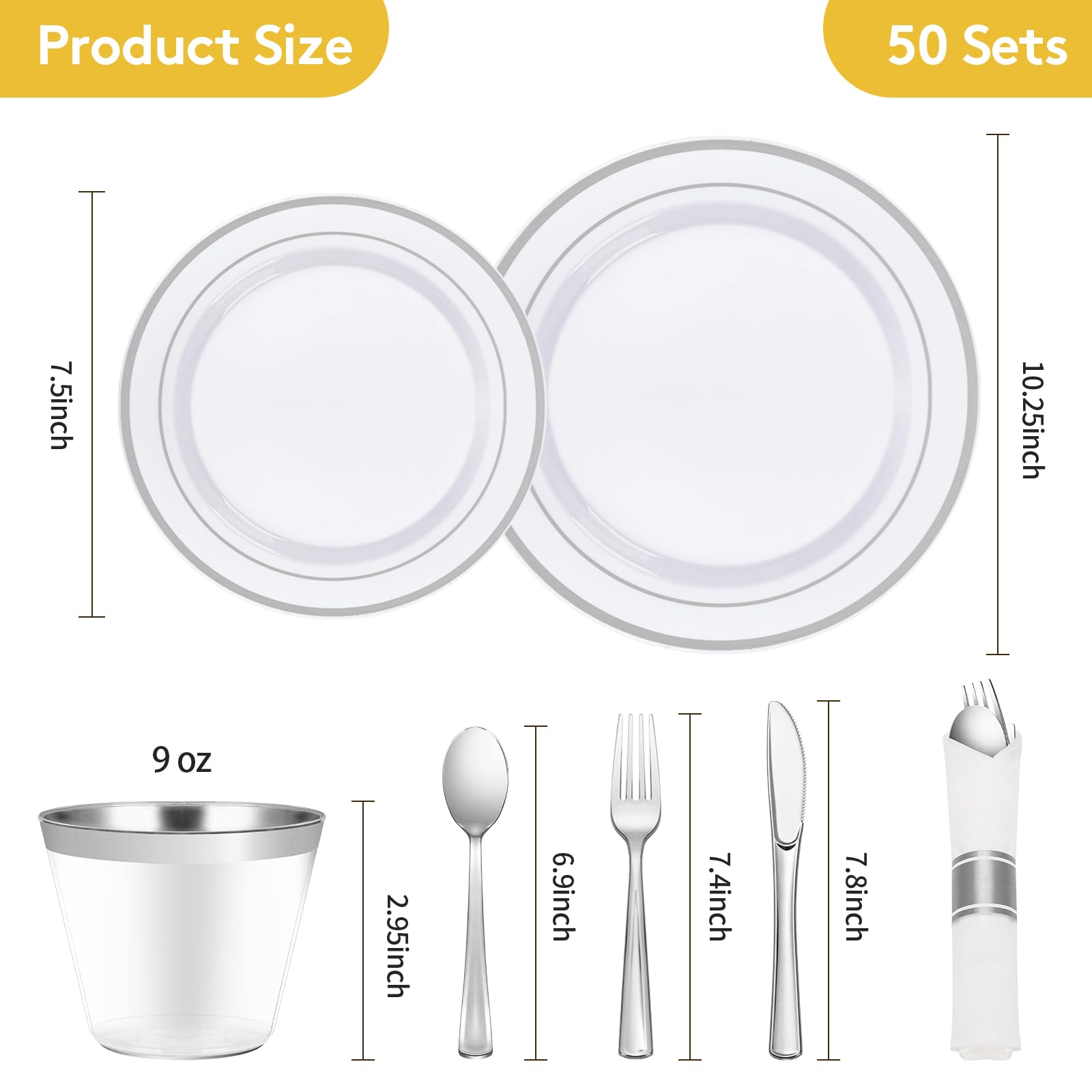 Goodluck 350 Piece Silver Plastic Dinnerware Set for 50 Guests, Fancy Disposable Plates for Party, Include: 50 Dinner Plates, 50 Dessert Plates, 50 Pre Rolled Napkins with Silver Silverware, 50 Cups