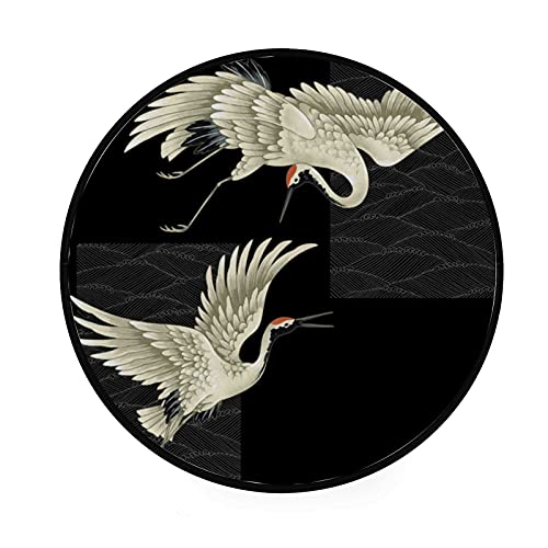 Kuizee Round Area Rug Mat Japanese Crane Black Living Room Bedroom Bathroom Kitchen Home Decor Coral Velvet Non-Slip Round Carpet 36 Inch