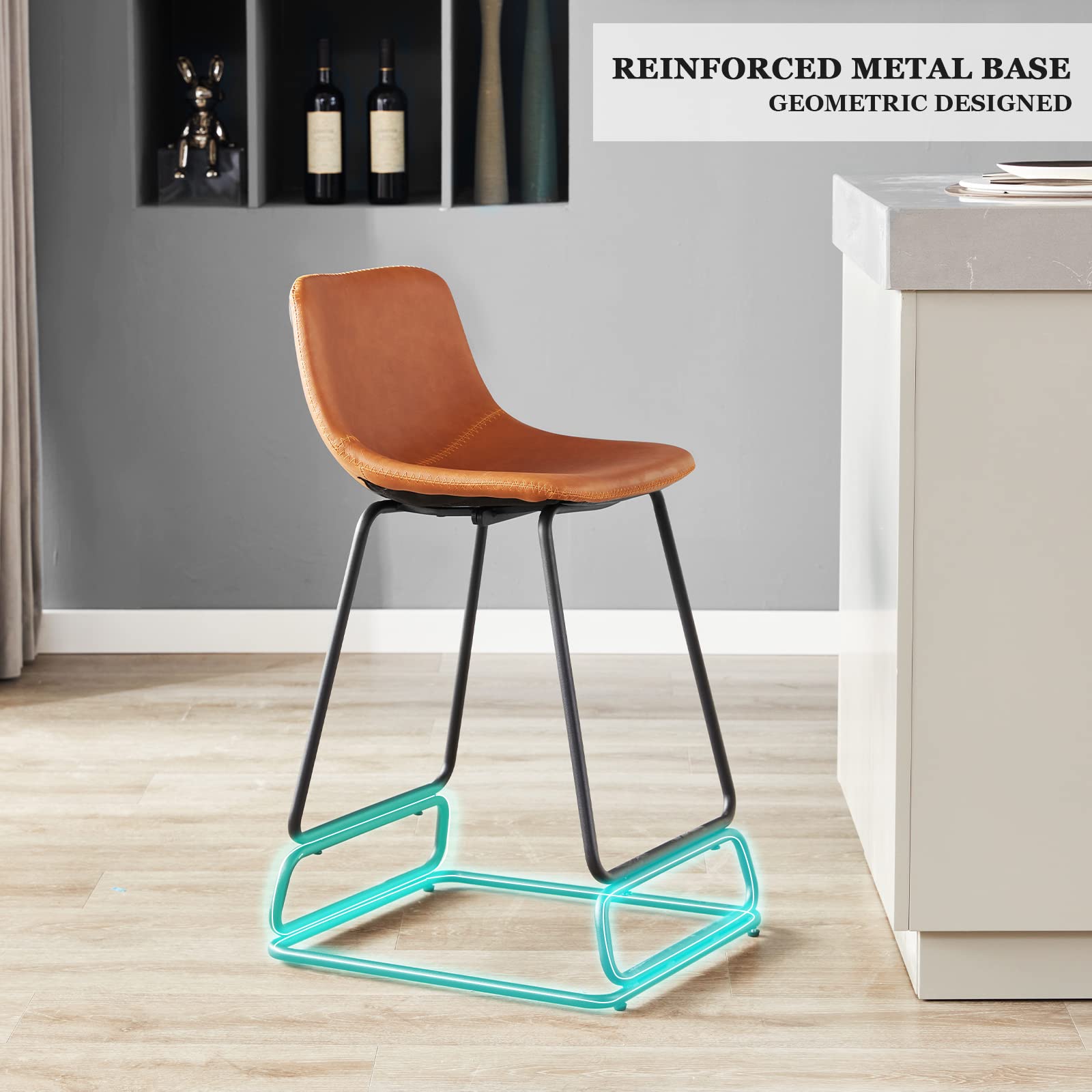 Counter Stools Industrial Faux Leather Bar Stools Set of 2,Urban Armless Dining Chairs with Metal Legs Modern Counter Height Barstools for High Desk Home Office Restaurants,24"