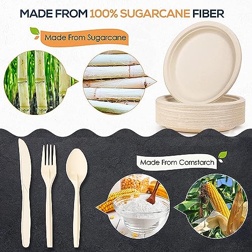 Leste Disposable Bagasse Paper Plates, Heavy-Duty Party Plates, 100% Compostable, Made of Natural Sugarcane Fibers - Biodegradable Paper Plates (Natural - Round, 9 Inch - 50 Count)