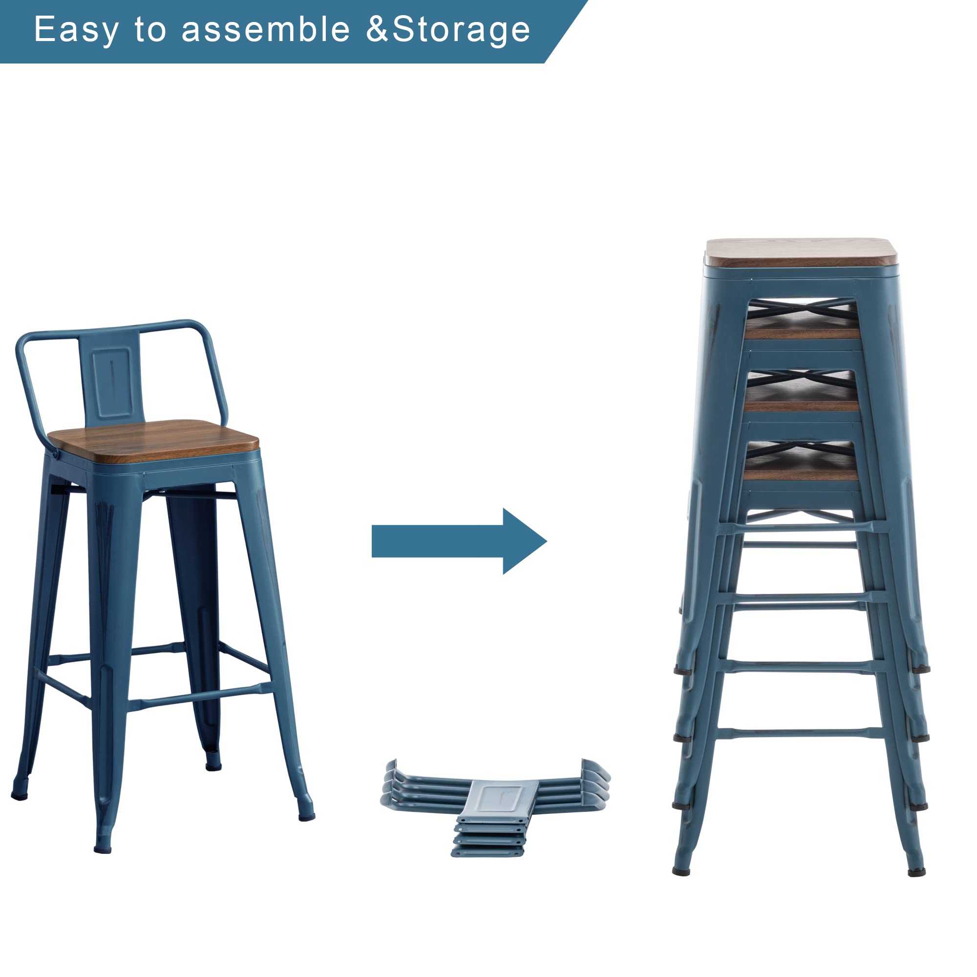 Andeworld Bar Stools Set of 4 Counter Height Stools Industrial Metal Barstools with Wooden Seats(24 Inch, Distressed Navy)