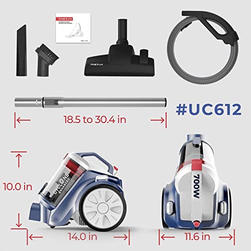 PINETAN Bagless Cyclone Canister Vacuum Cleaner, with Cyclone Filtration, Lightweight Design & Powerful Suction, Multi-Surface Cleaning Nozzle and Automatic Cord Rewind - Ocean Blue, UC612