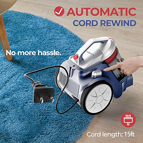 PINETAN Bagless Cyclone Canister Vacuum Cleaner, with Cyclone Filtration, Lightweight Design & Powerful Suction, Multi-Surface Cleaning Nozzle and Automatic Cord Rewind - Ocean Blue, UC612