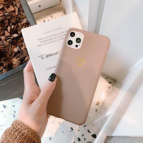 Ownest Compatible for iPhone 11 Pro Max Case for Soft Liquid Silicone Gold Heart Pattern Slim Protective Shockproof Case for Women Girls for iPhone 11 Pro Max-Brown