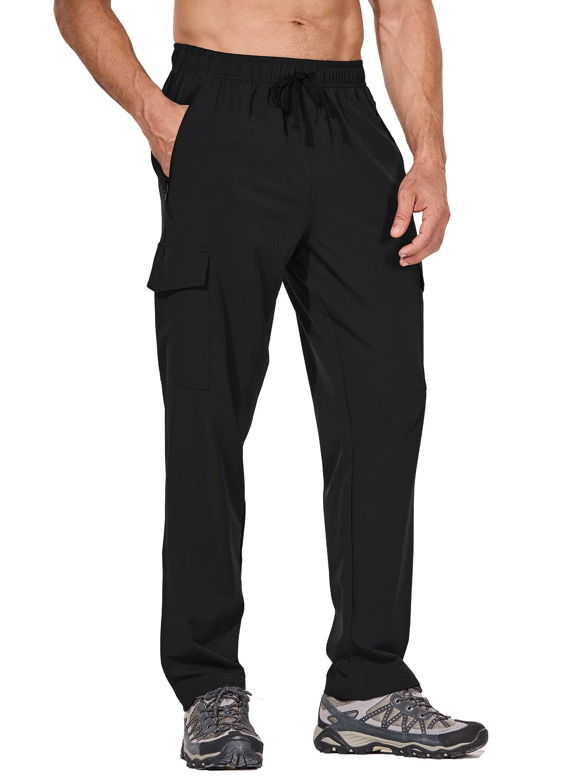 BALEAF Men's Hiking Pants Waterproof Lightweight Quick Dry Cargo Travel Elastic Waist Strentch Straight Leg UPF 50+ for Work Athletic Size L Black