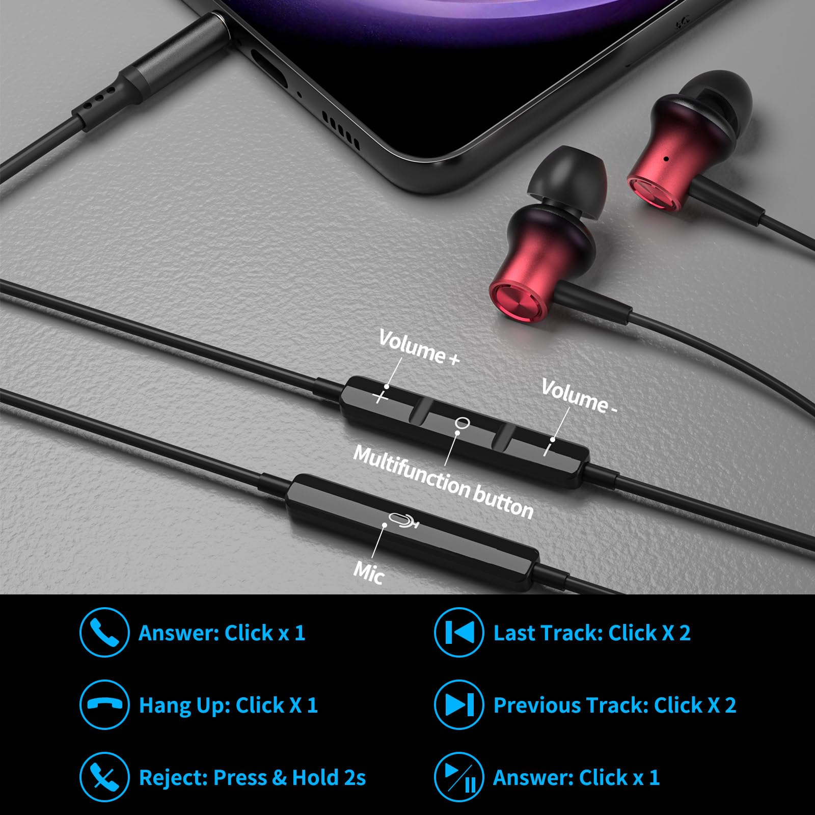 3.5mm Jack Earbuds Magnetic Wired Earphone for Chromebook PC Laptop Computer Samsung Galaxy A25 A15 5G in-Ear Headphone Noise Canceling Corded Headset for Kindle Fire HD 10 8 Plus 7 Kids