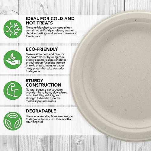 Leste Disposable Bagasse Paper Plates, Heavy-Duty Party Plates, 100% Compostable, Made of Natural Sugarcane Fibers - Biodegradable Paper Plates (Natural - Round, 9 Inch - 50 Count)