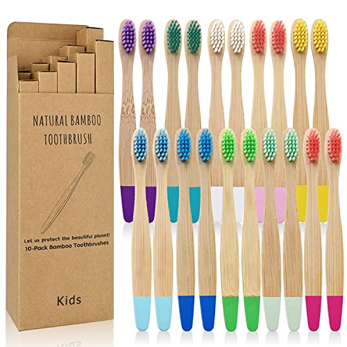 ANXUN Kids Bamboo Toothbrushes 5 Pack, Children's Toothbrush Colorful Soft Bristles Eco Friendly Biodegradable Wooden Handle Tooth Brush, Assorted Colors Pack
