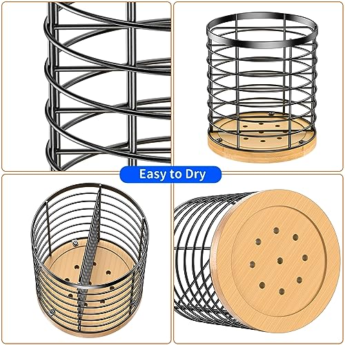 Toosci Kitchen Utensil Holder - Stainless Steel and Bamboo Utensil Holder, Utensil Holder for Kitchen Counter, Large