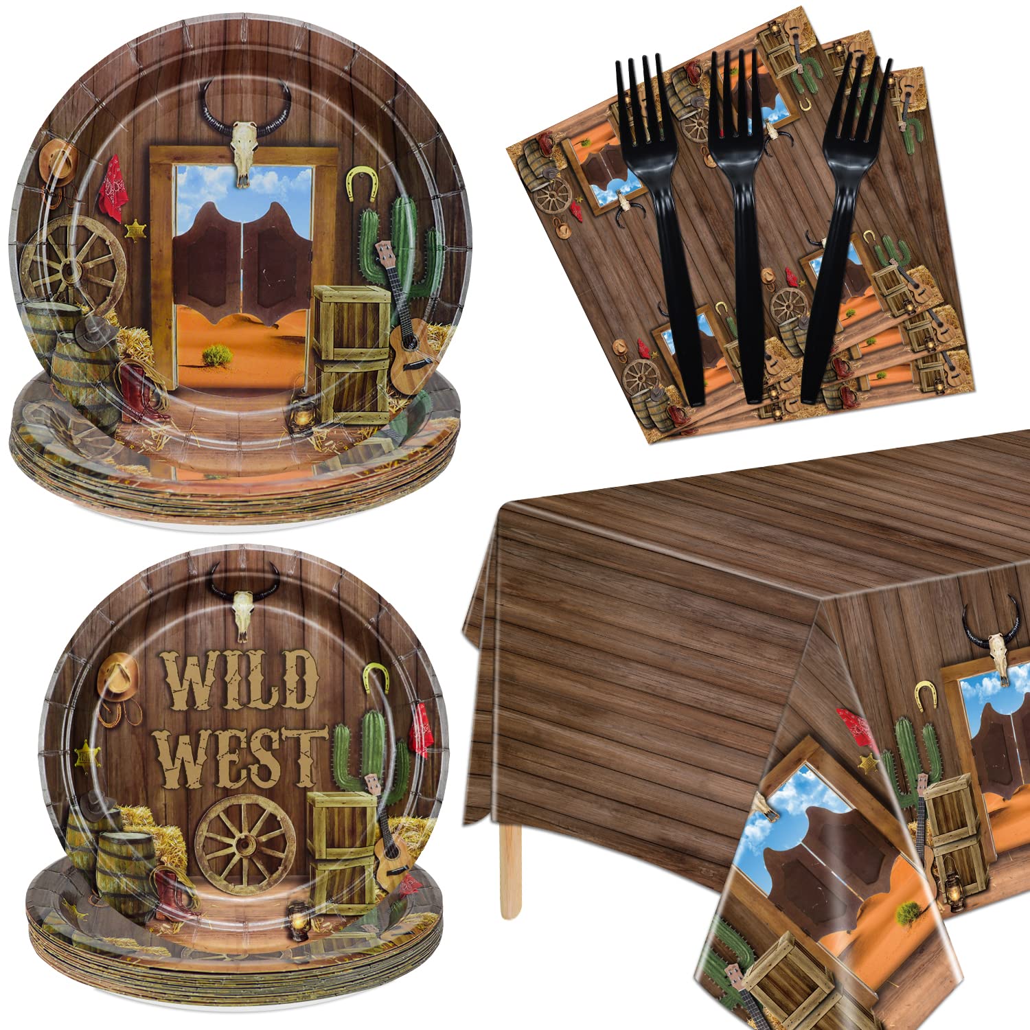 Hegbolke Western Party Decorations - 81 Pcs Plates, Napkins, Western Tablecloth, Black Forks Set for Western Birthday Party Decorations Western Party Supplies, Serve 20