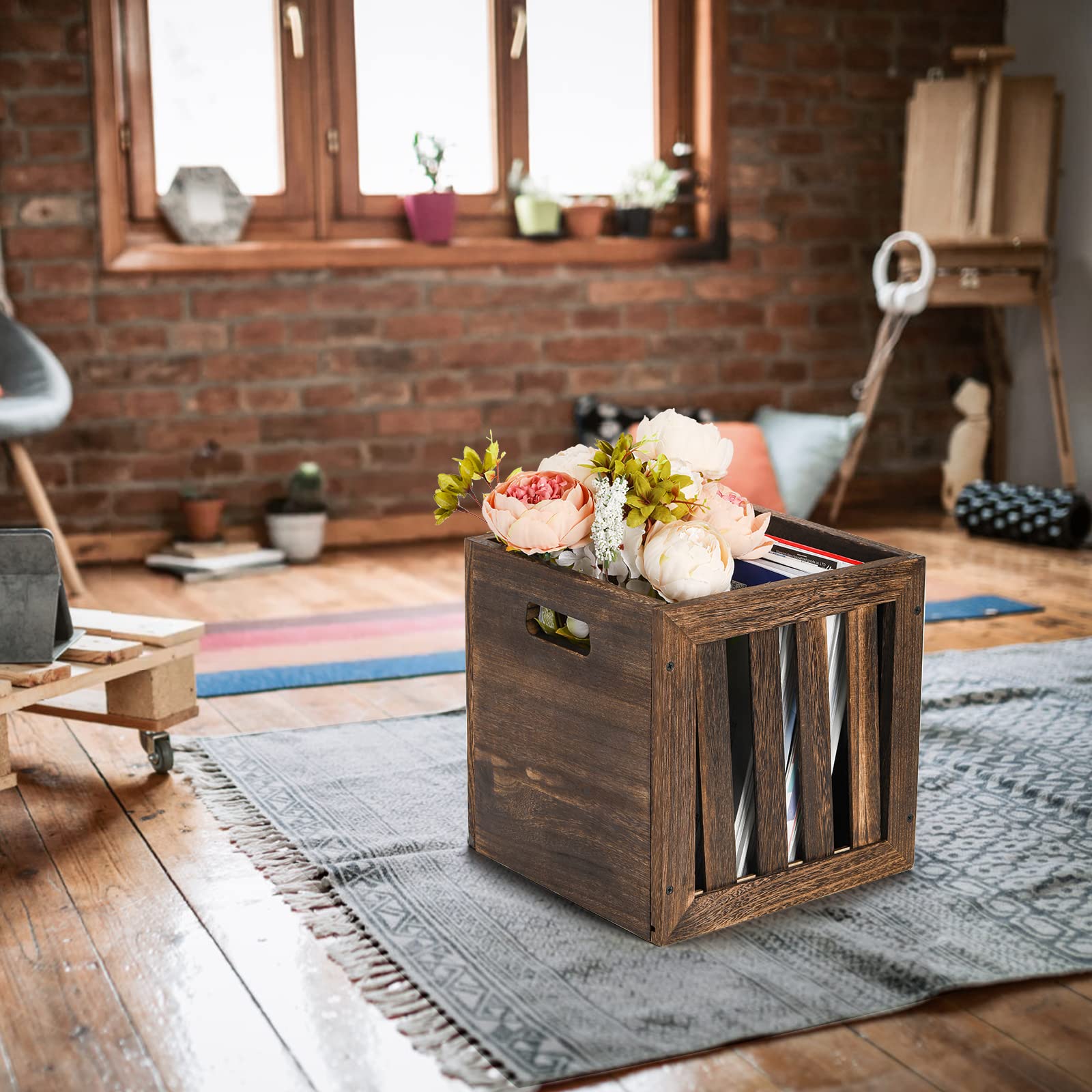 Yarlung Wood Storage Bin Cube Wood Crate with Handles, Rustic Brown Decorative Box Books Toys Shelf Basket Organizer for Closet, Bookcase, Workroom, Inside 11"x11"x11", Stackable and Easy Assembly
