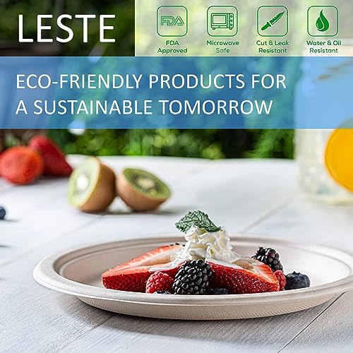 Leste Disposable Bagasse Paper Plates, Heavy-Duty Party Plates, 100% Compostable, Made of Natural Sugarcane Fibers - Biodegradable Paper Plates (Natural - Round, 9 Inch - 50 Count)