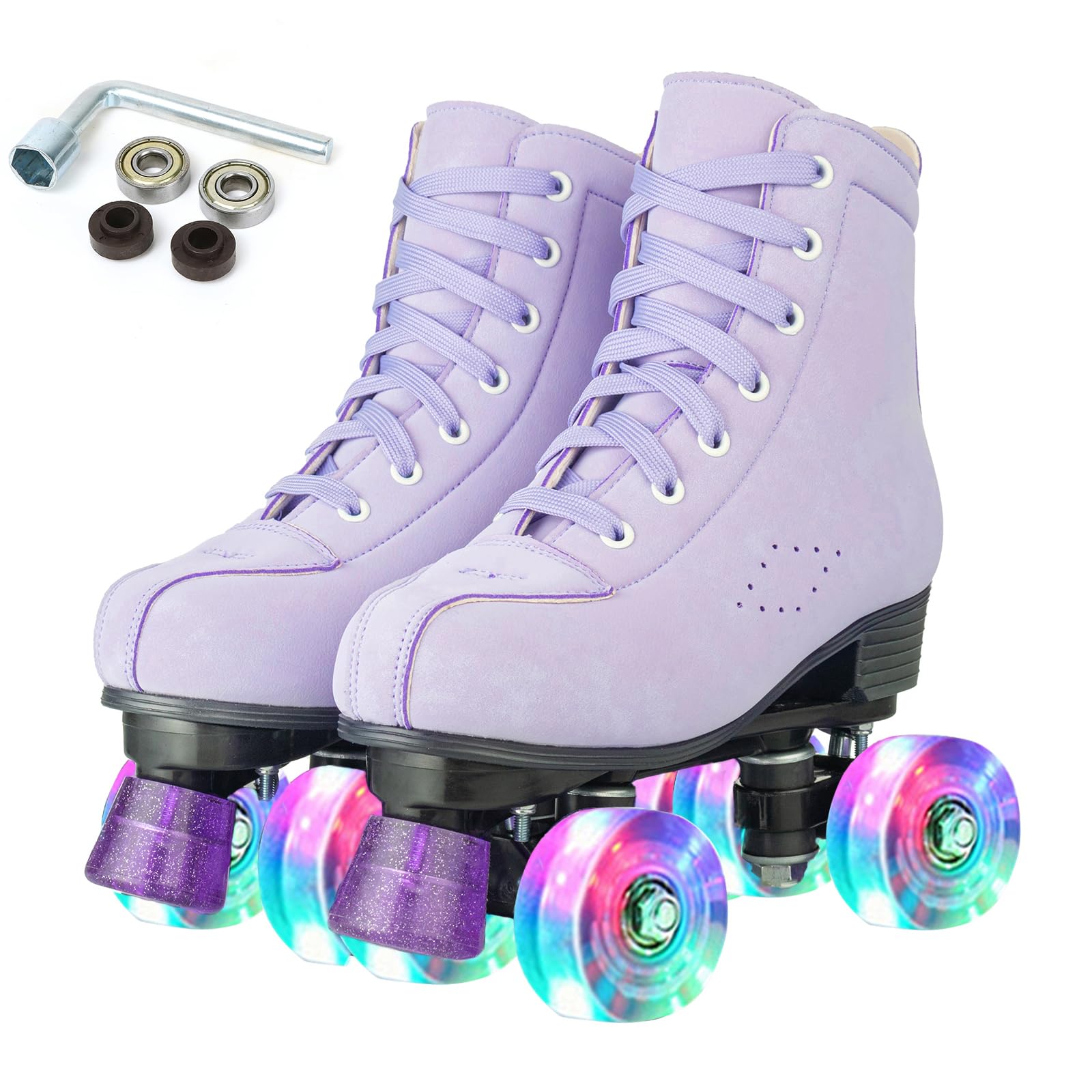 YYW Women Roller Skates High Top Shoes Men Double Row Shiny Roller Derby Skates Four Wheel Unisex PU Classic Skates for Beginner Outdoor (Light Purple Flashing Wheel,US37- Women's 7/Men's 5.5)