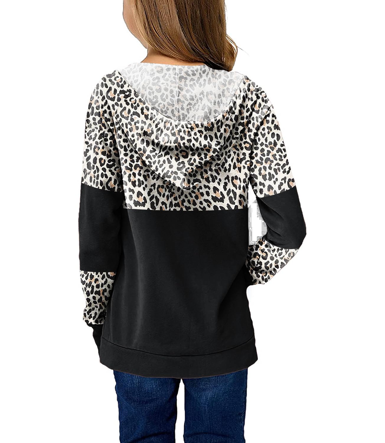 Haloumoning Kids Girls Fleece Pullover Hoodies Cute Leopard Printed Hooded Sweatshirts with Pockets 4-15 Years