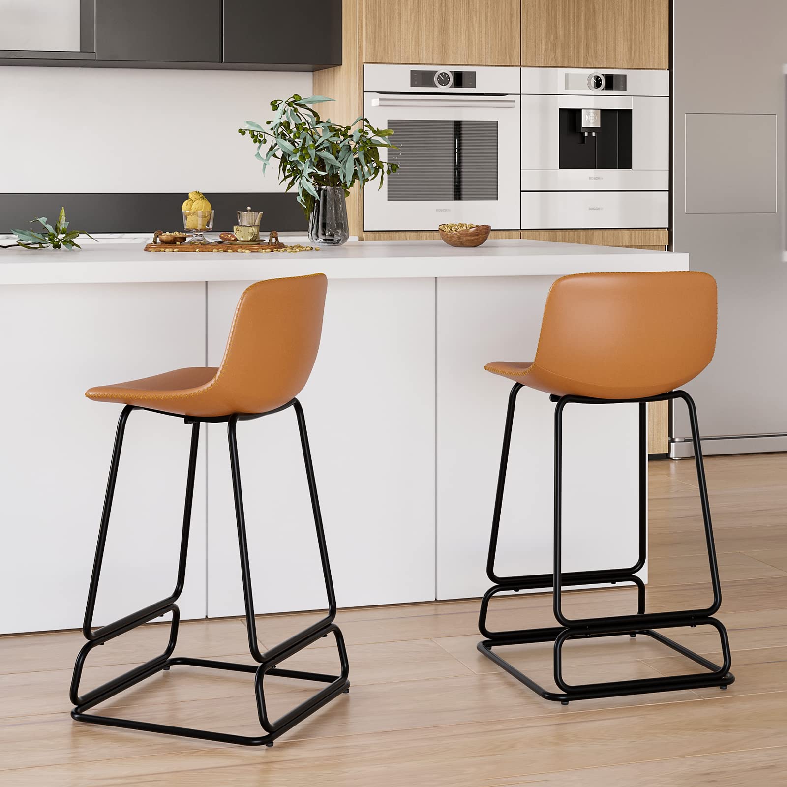 Counter Stools Industrial Faux Leather Bar Stools Set of 2,Urban Armless Dining Chairs with Metal Legs Modern Counter Height Barstools for High Desk Home Office Restaurants,24"