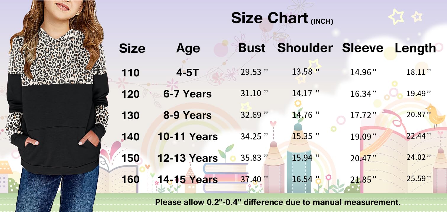 Haloumoning Kids Girls Fleece Pullover Hoodies Cute Leopard Printed Hooded Sweatshirts with Pockets 4-15 Years