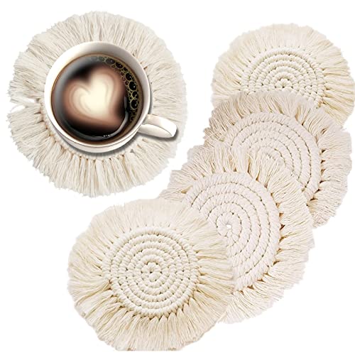Macrame Coasters 4 Pack Boho Coasters Beige Absorbent Coasters Set for Wooden Table Protection Woven Handmade Housewarming Gift Presents for New Home