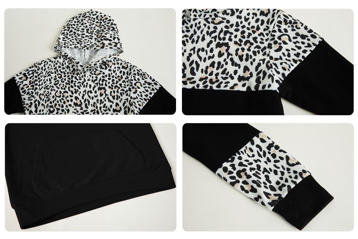 Haloumoning Kids Girls Fleece Pullover Hoodies Cute Leopard Printed Hooded Sweatshirts with Pockets 4-15 Years
