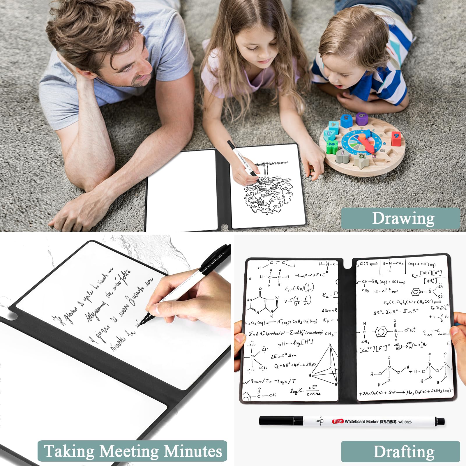 SAYEEC Whiteboard Notebook, Portable Dry Erase Board Fineliner Pens, PU Cover Erasable Handheld White Board Reusable Drawing Notebook Easel Pad for Meeting Business Office School (Blue)