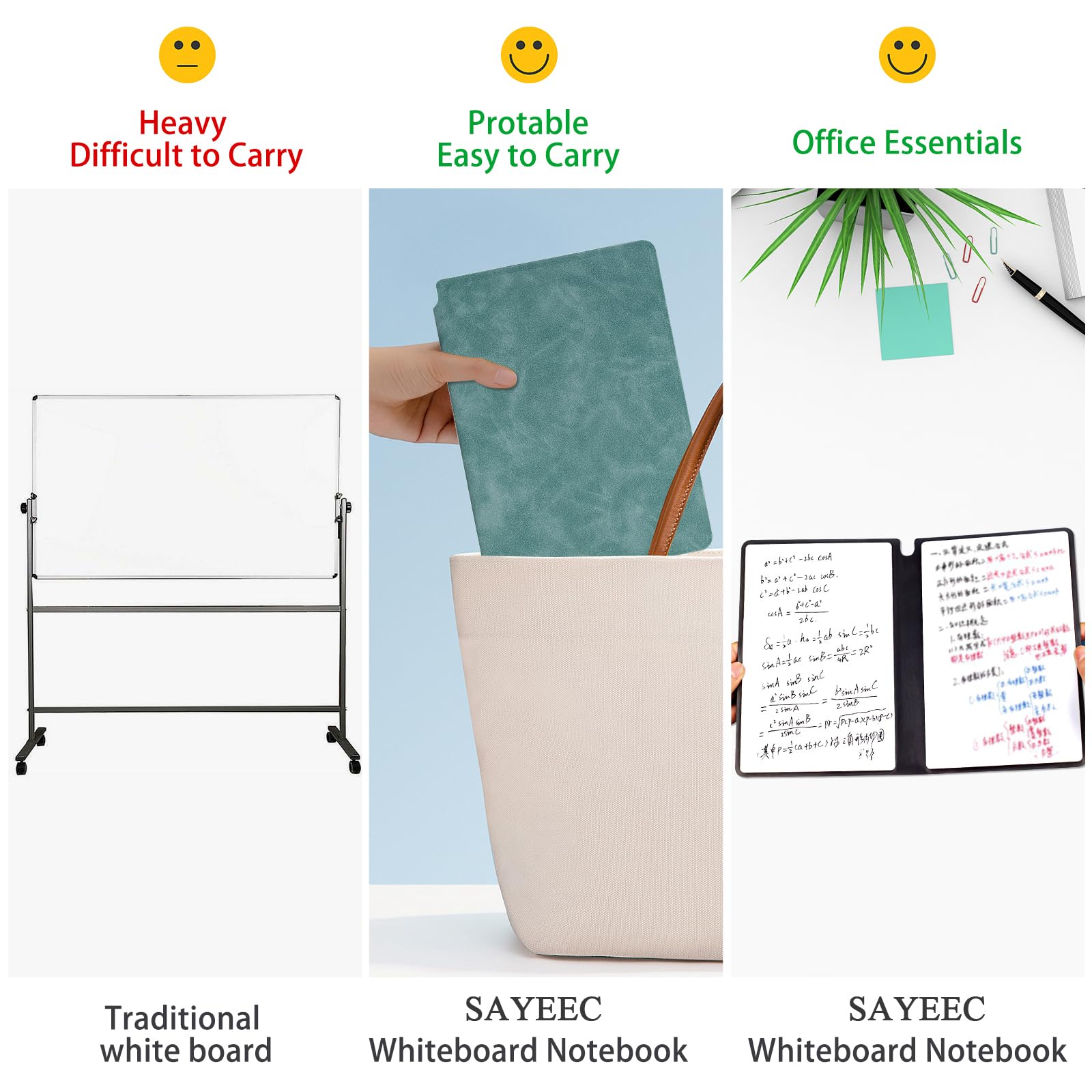 SAYEEC Whiteboard Notebook, Portable Dry Erase Board Fineliner Pens, PU Cover Erasable Handheld White Board Reusable Drawing Notebook Easel Pad for Meeting Business Office School (Blue)